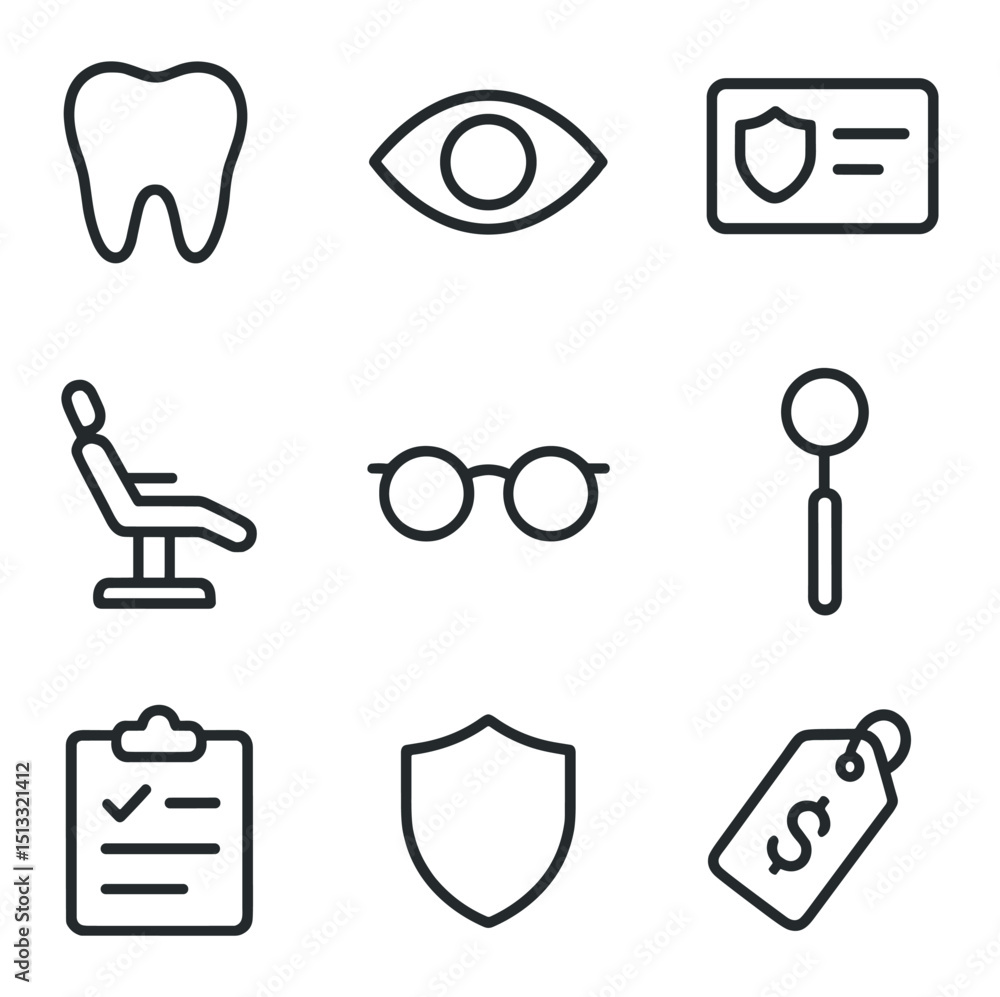 Dental and Vision Icons. Outline icon set of dental and vision ...