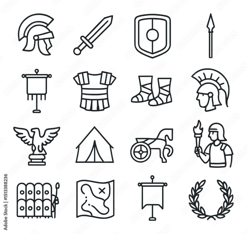 Ancient roman history flat icon collection. classic empire and military ...