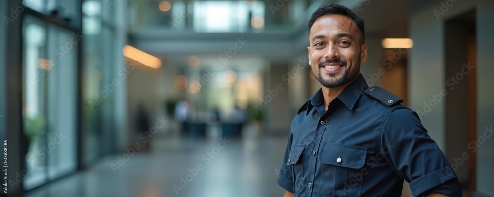 Smiling security guard in modern business center. Guard in uniform, pro ...