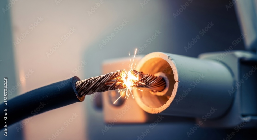 Close up of electric wire short circuit. Bare copper cable sparking ...