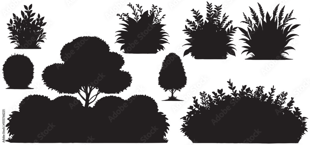 silhouette trees shrubs and bushes. vector isolated on white background ...
