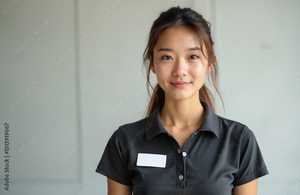 Portrait young Asian woman wearing black polo shirt with blank name tag ...