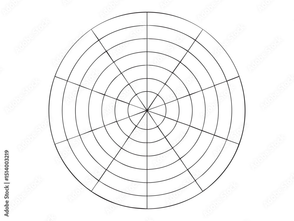 Black outline radar chart template with concentric circles and radial ...