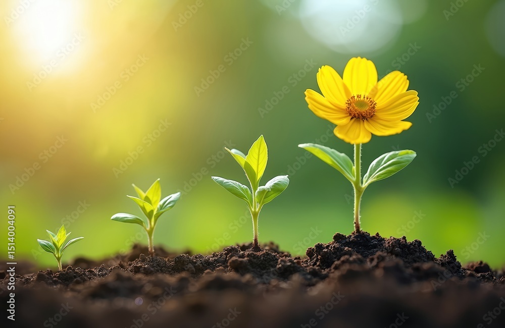 Plant seeding growing step concept under sunlight. Baby bud, green ...