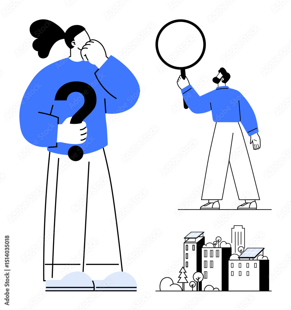 Person holding question mark thinking, another with magnifying glass ...
