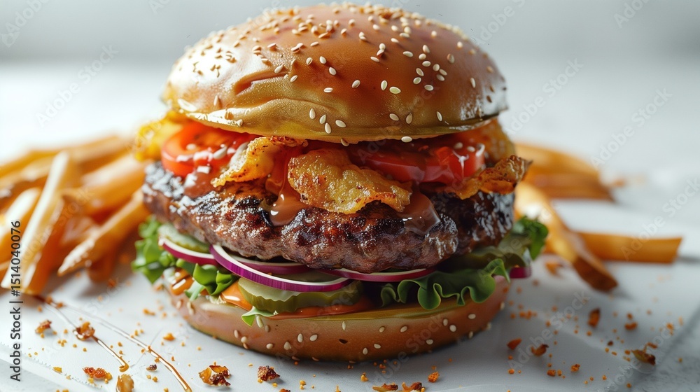 Stock-Foto „Gourmet burger and fries displayed from above, toppings ...