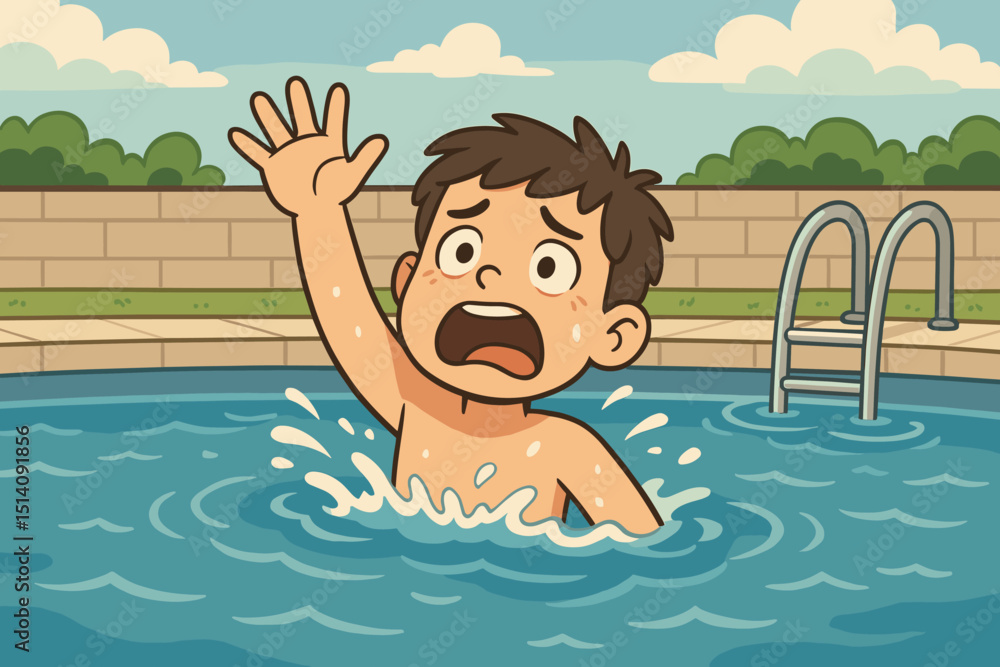Praca wektorowa bez tantiem: Cartoon boy drowning in swimming pool ...