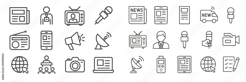 Media and communication icons depicting various news formats and ...