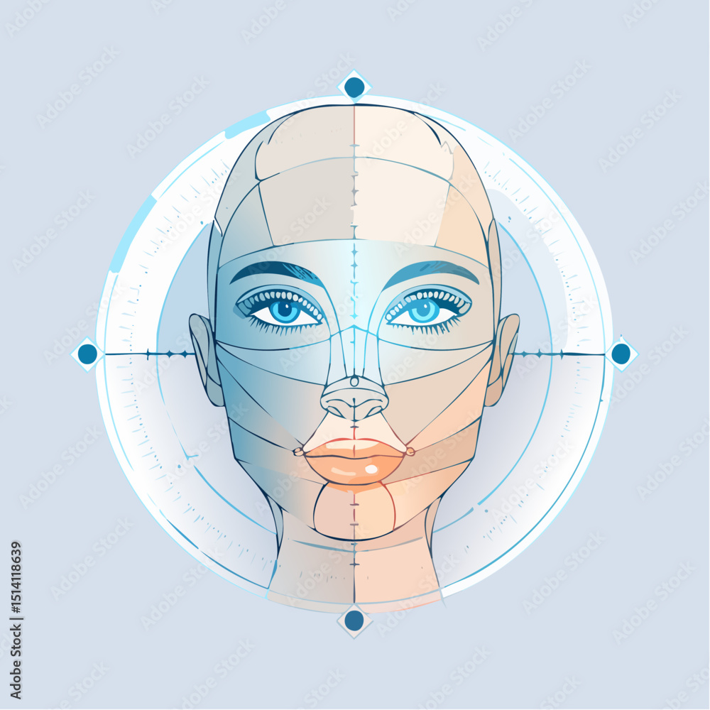 Facial recognition UI with biometric tracking points and scan grids ...