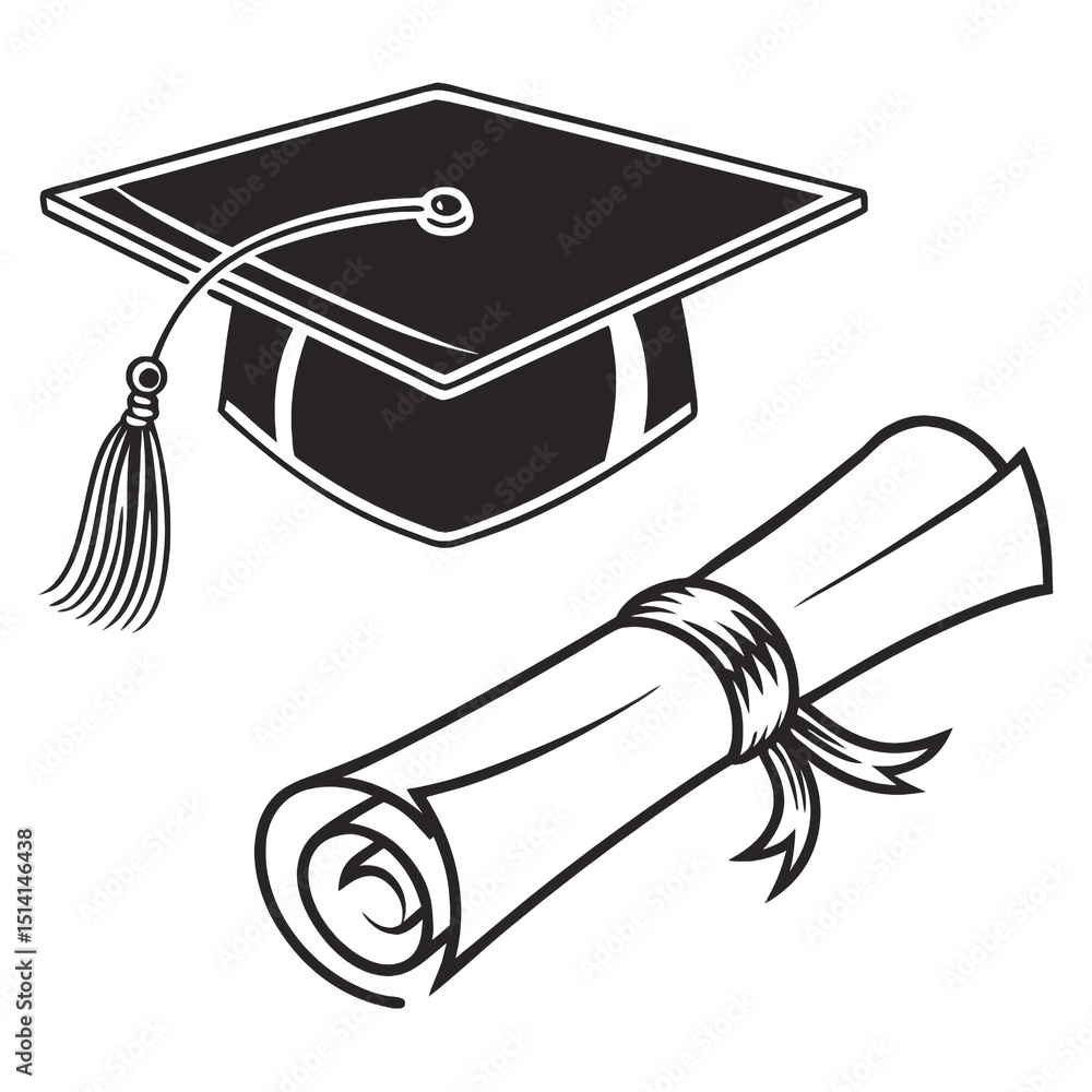 Graduation cap and rolled diploma symbolizing successful completion of ...