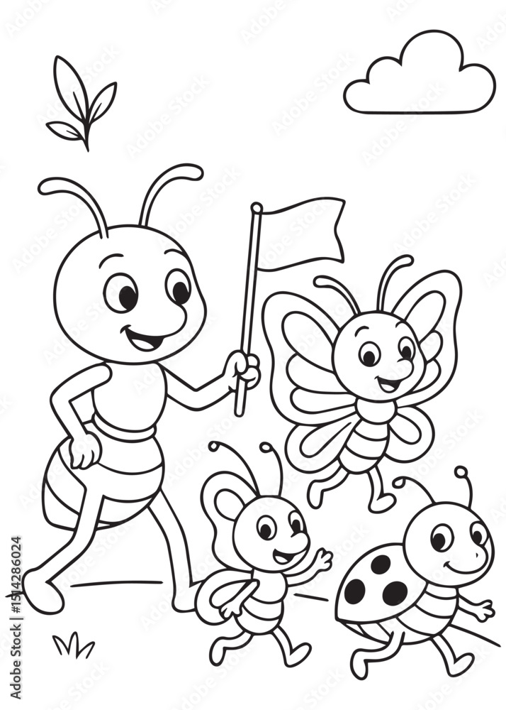 Coloring book ant leads a joyful parade of insect friends, including a ...