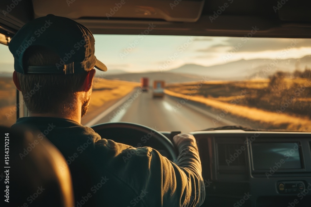 Truck driver navigating a scenic highway during sunset with two other ...