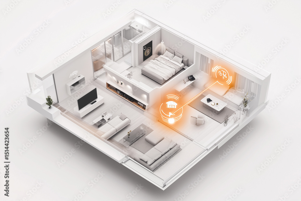 Blueprint house plan on a circuit board with 3D model computer hardware ...
