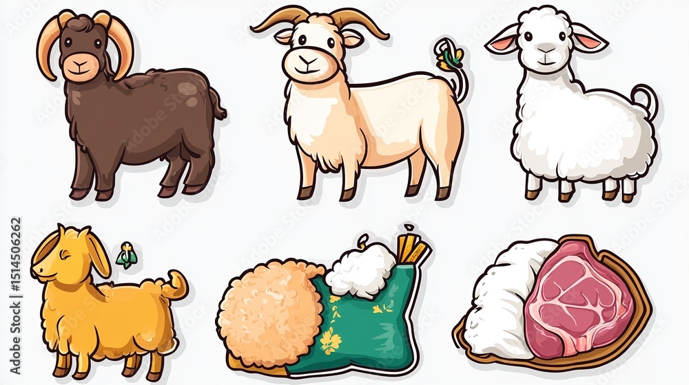 Cartoon illustrations of goats, sheep, wool, and meat. Various breeds ...