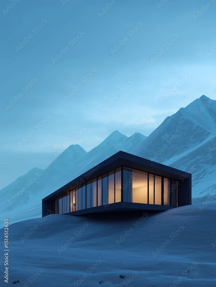 Modern building on a snowy mountain peak. the building is a black ...
