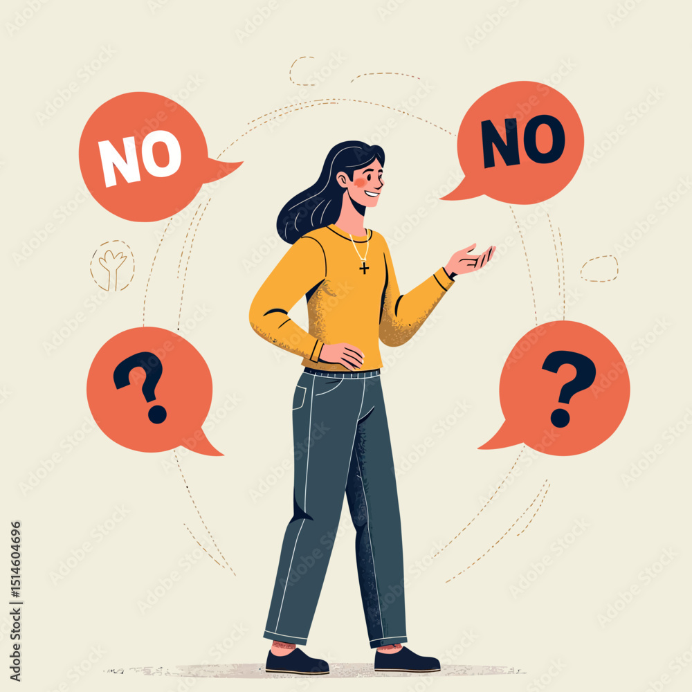 Navigating conflicting options and making assertive choices, illustrated by a confident woman ...