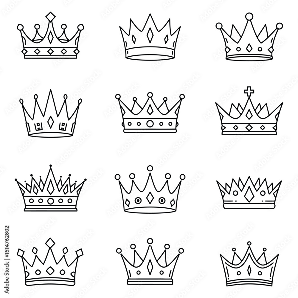 Vektor Outline Crown Doodles Vector Set – Royal King & Queen Icons ...