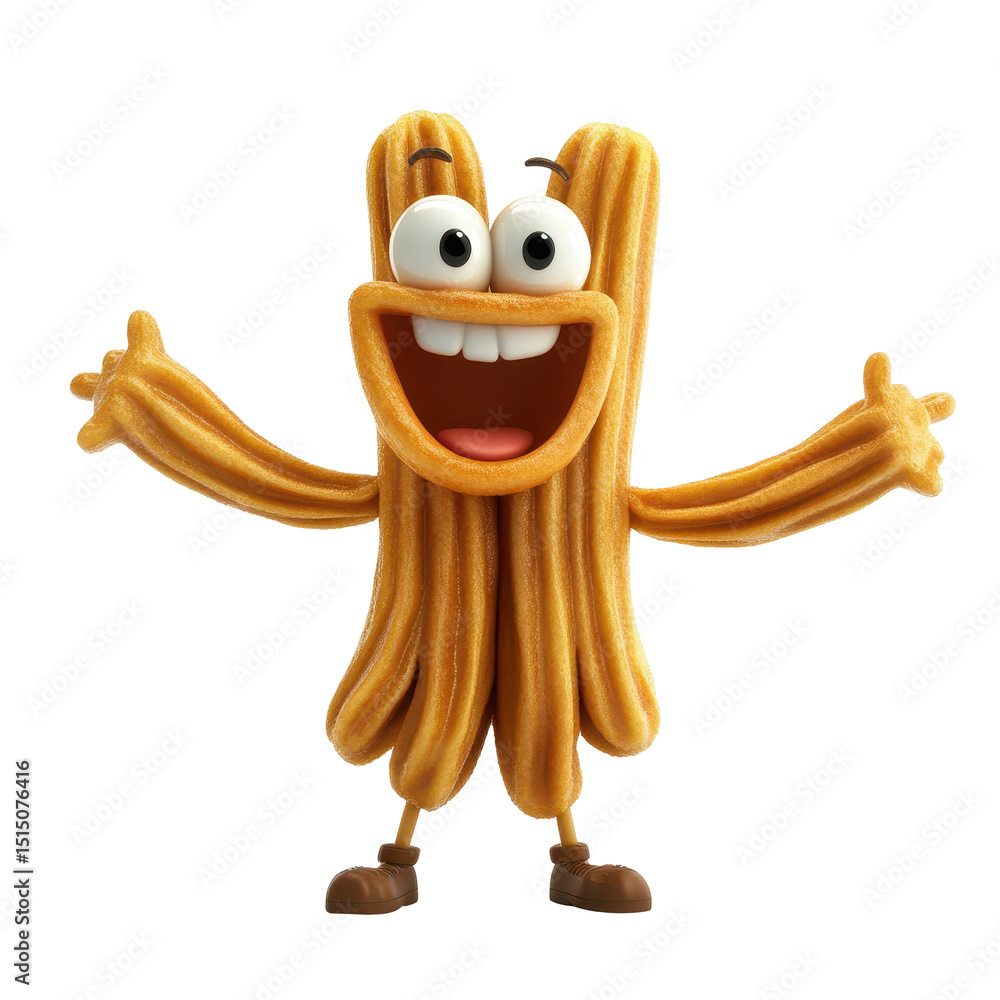 Happy animated character holding churros welcoming visitors at a ...