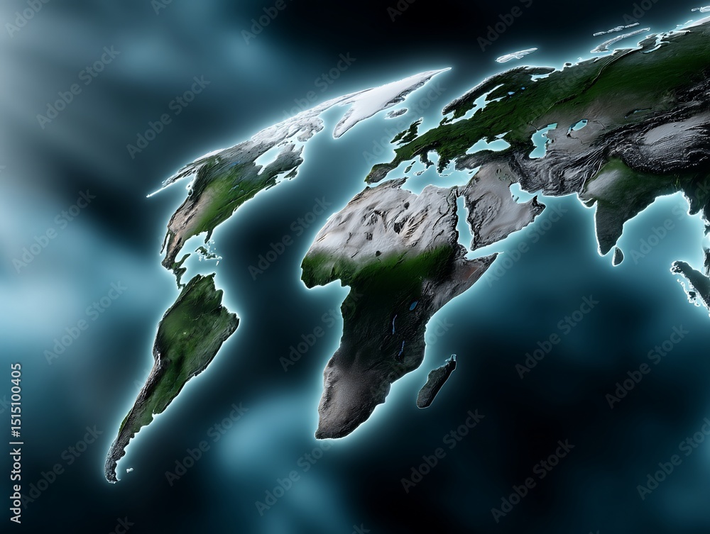 Global world map, detailed continents, highlighted landmasses Stock ...