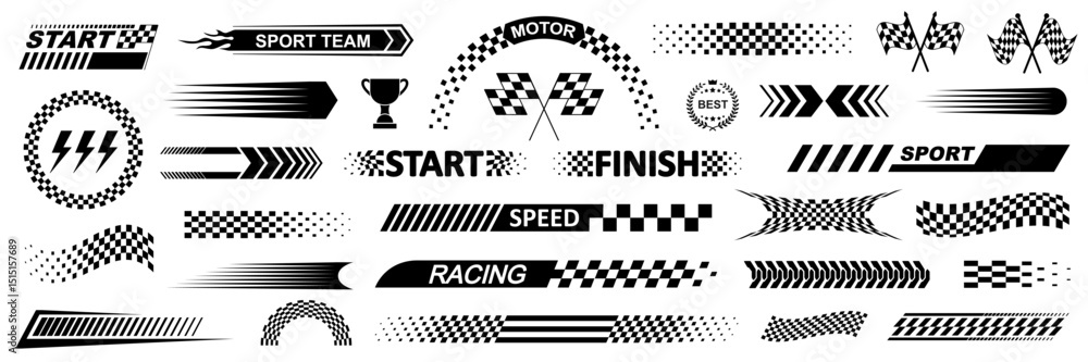 Racing cars and race car stripes set, angled checkered patterns ...