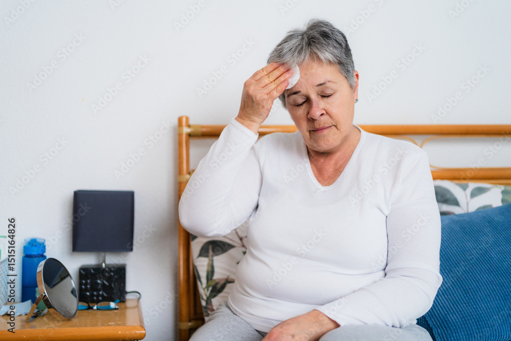 Senior woman experiencing hot flashes or fever, using cotton pad to ...