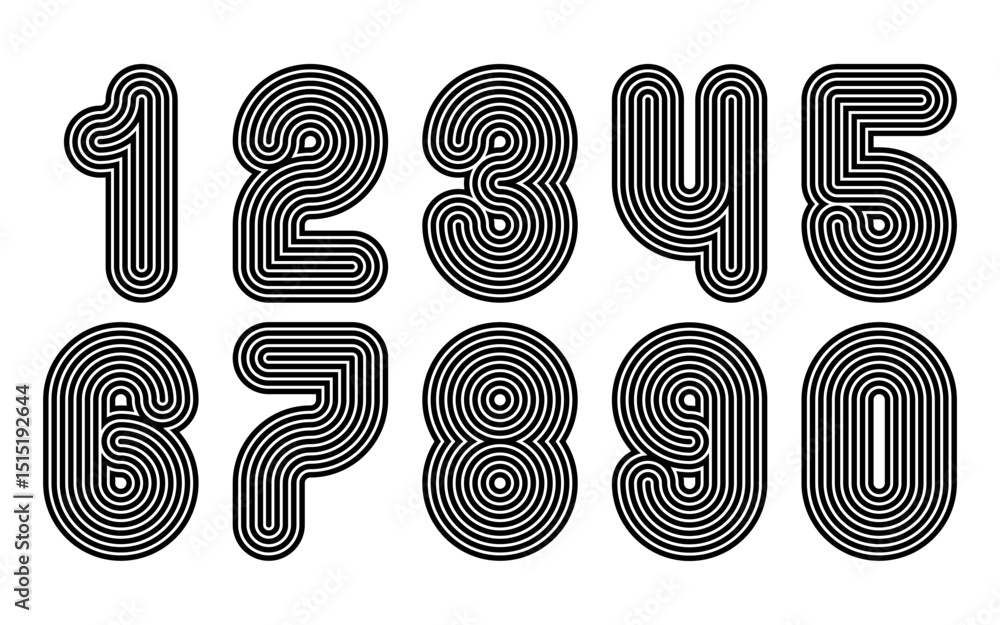 Vector striped number set. Round typo font, funky retro digits. Old ...