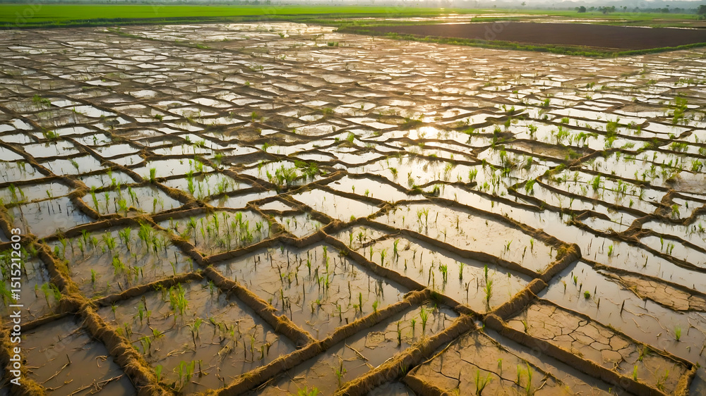 Aerial view of rice fields with failed harvest. Dry agricultural land ...