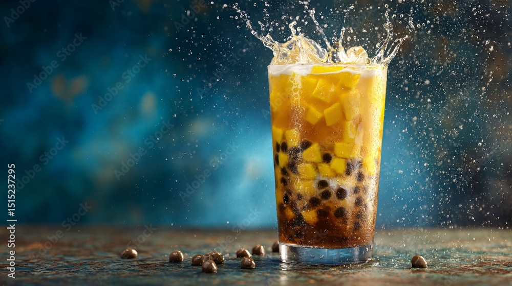 Tall iced drink with layers of mango and soda, terrazzo and bamboo ...