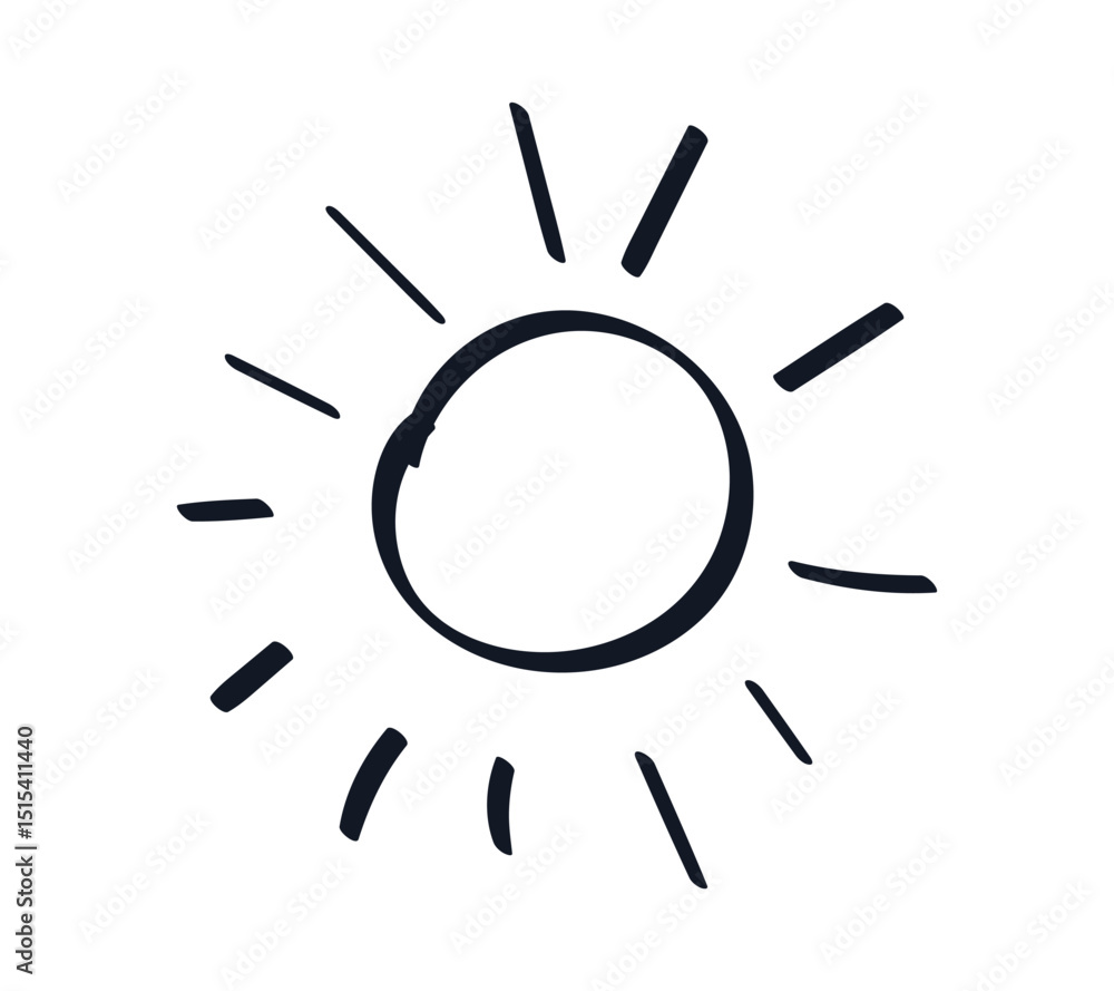 Sun Doodle isolated for kids design. Black ink shape with Rays. Hand ...
