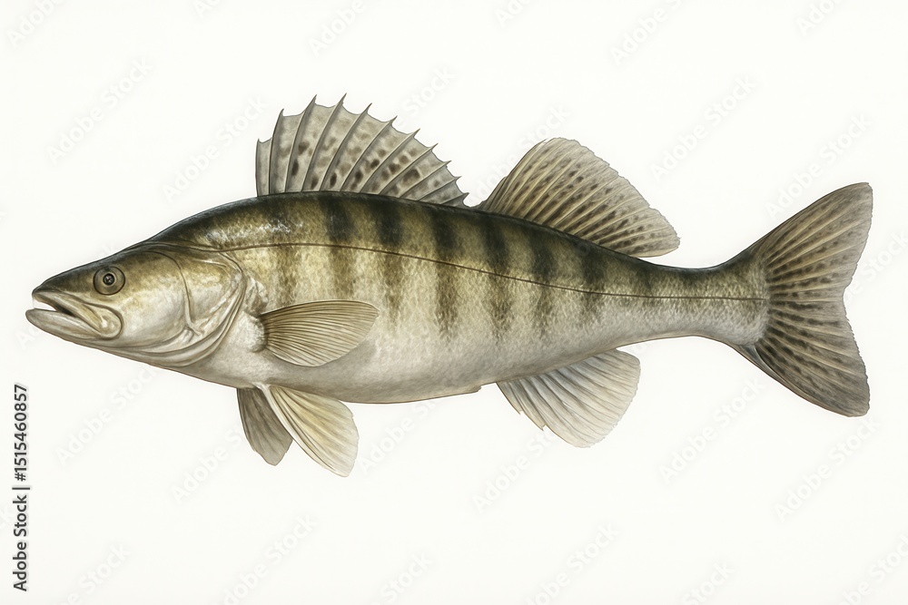 Zander Fish Swimming with Fins Outspread on White Background Stock ...