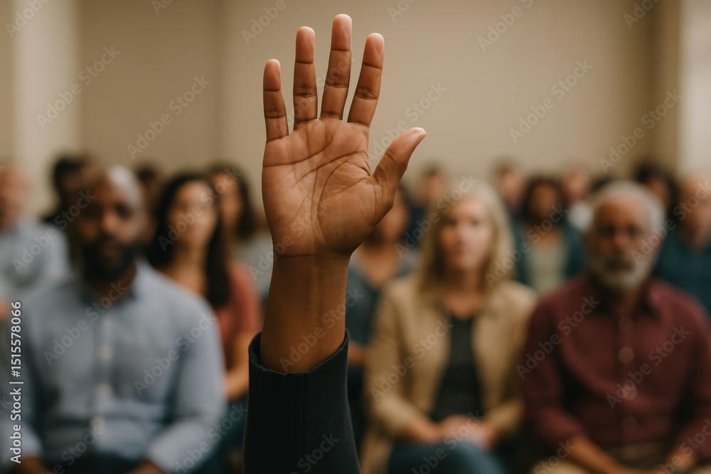 Single determined hand raised high amidst a blurred diverse assembly ...