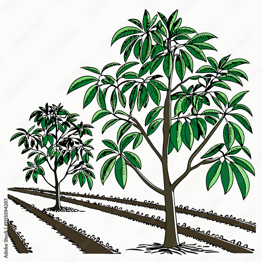 Young mango trees growing in rows farm orchard Stock Vector | Adobe Stock