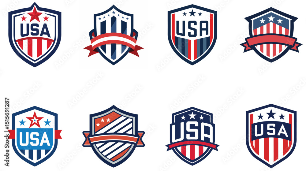 USA themed shield logos set with stars, stripes, and patriotic red ...