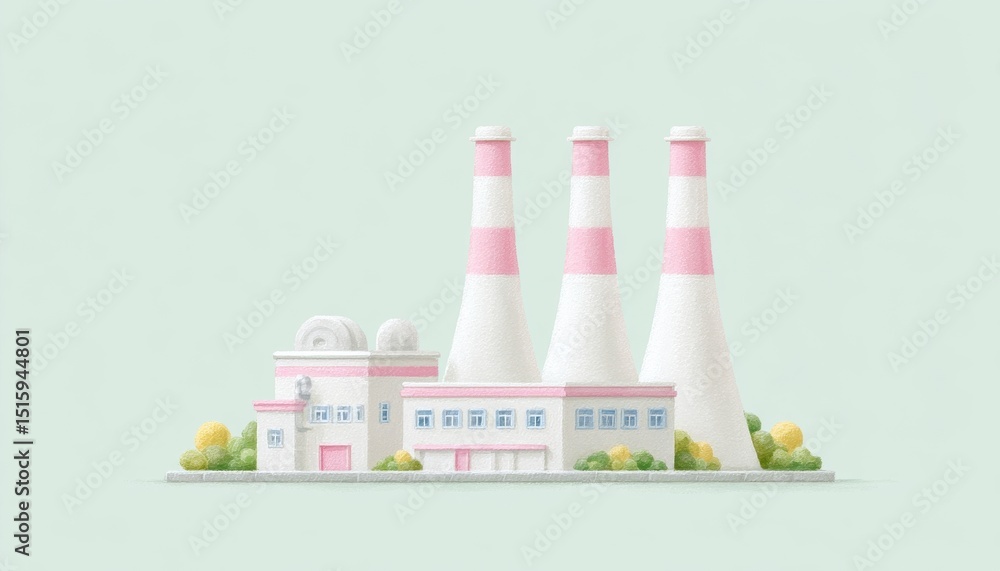 Stylized Pastel Factory Illustration with Three Pink and White Chimneys ...