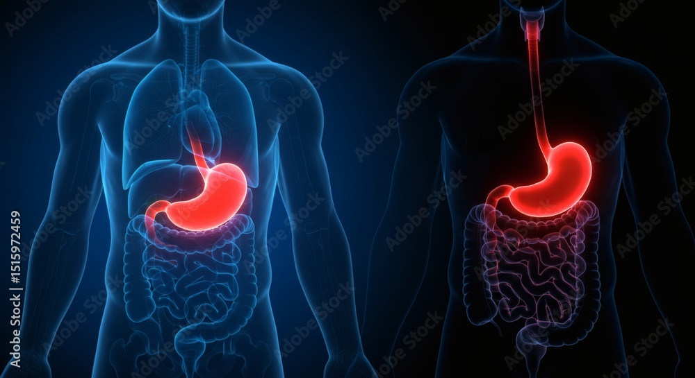 Human Stomach Anatomy Digestive System Highlighted in Male Body. Stock ...