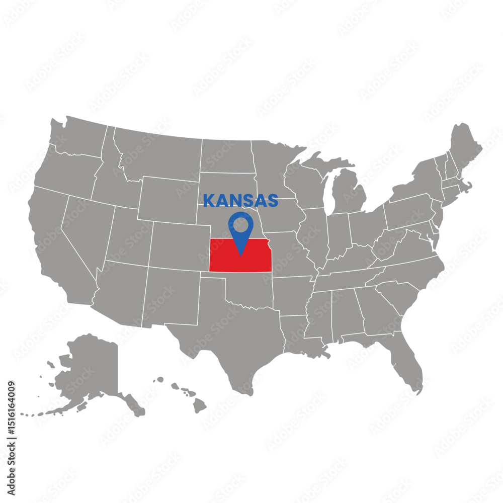 Kansas state is highlighted on the US map, marked with a location pin ...