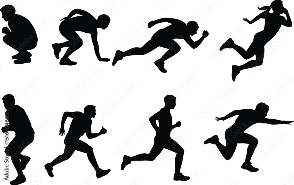 Running poses vector, athlete silhouette sequence, male and female ...
