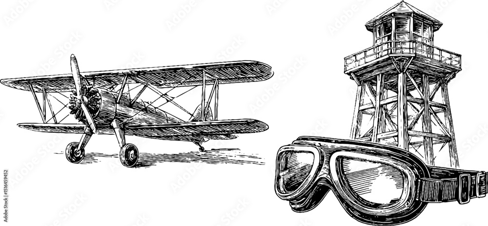 Vintage aviation theme with old warplane, pilot goggles, and watchtower ...