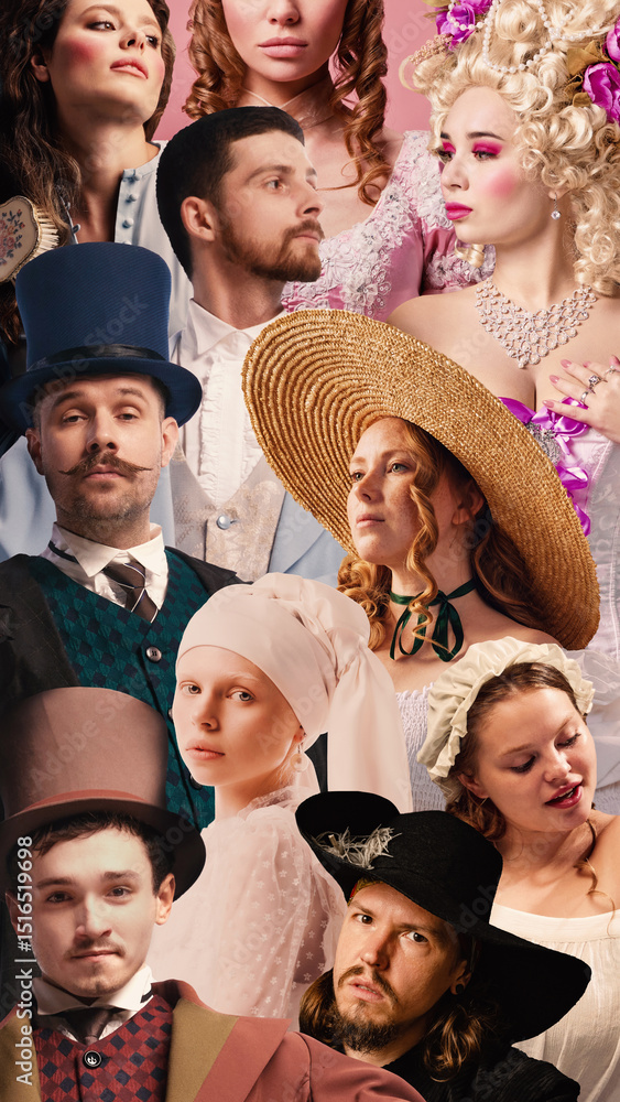 Foto Handmade collage. Portrait cluster of people in vintage clothing ...