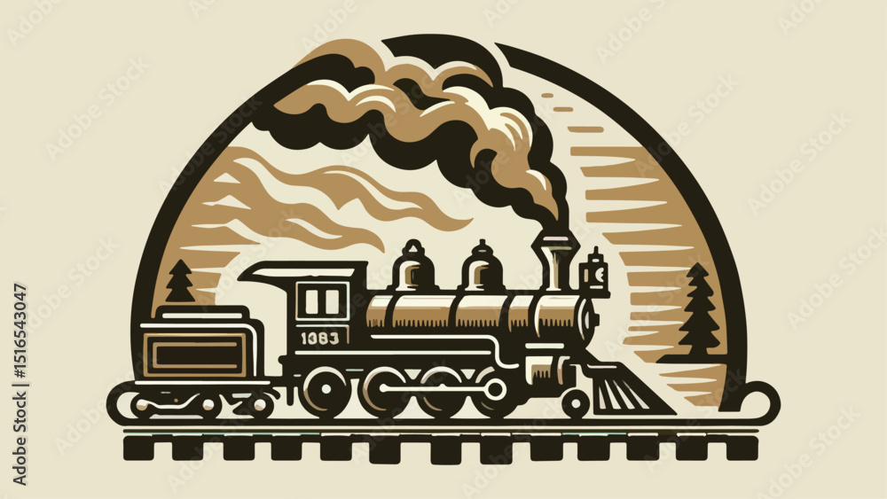 A vintage logo with an illustrated steam locomotive in sepia tones ...
