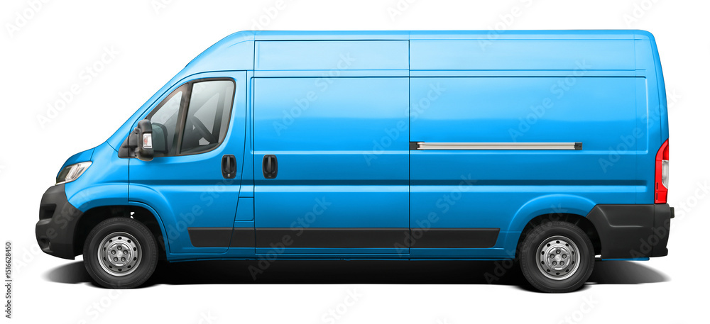 Side view of a modern light blue long-wheelbase cargo minibus. Isolated ...