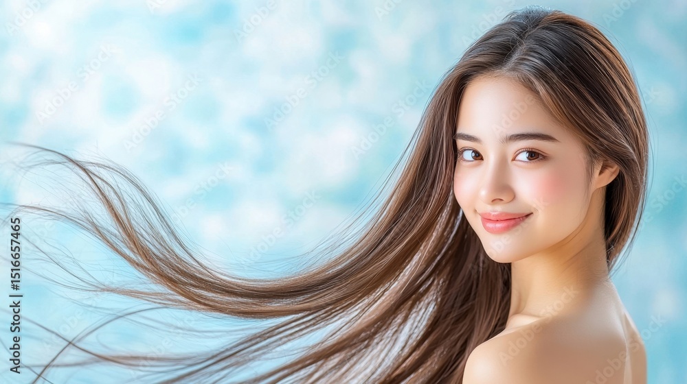 the beautiful woman has long, flowing hair that cascades down her back ...