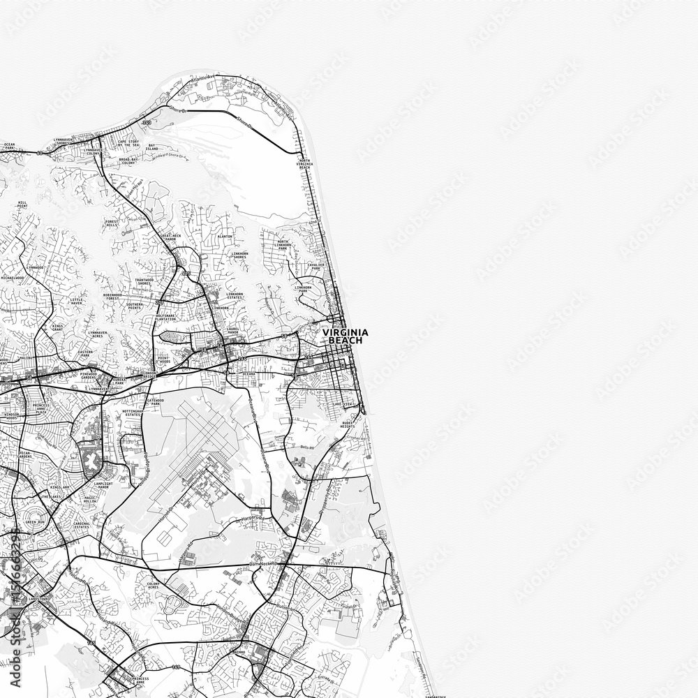 Virginia Beach Area Map with Labels and Neighborhoods - One color ...