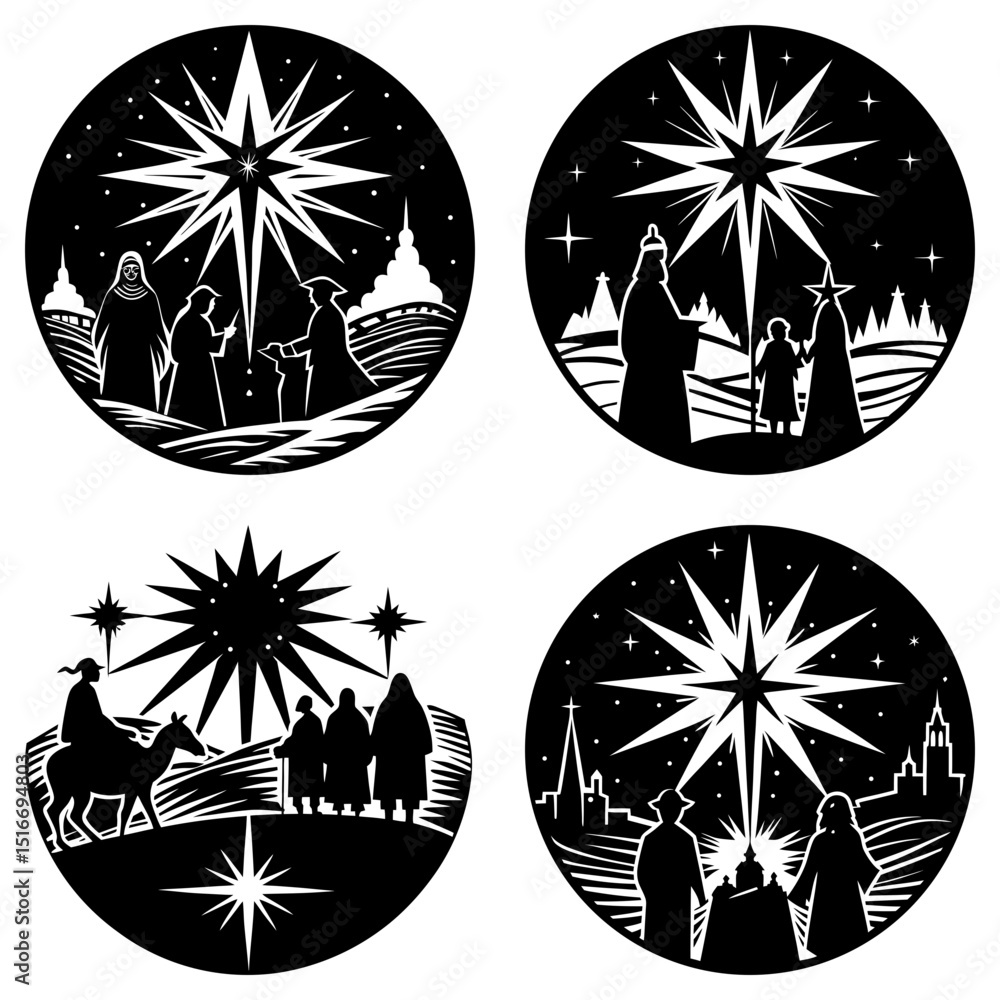 Vector de Stock Four circular nativity scenes with the three wise men ...