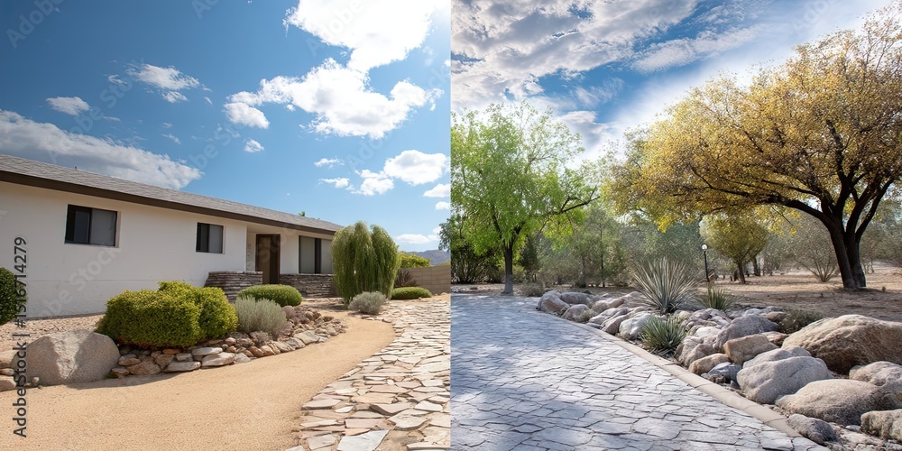split photo with house divided in half--on the left is desert ...