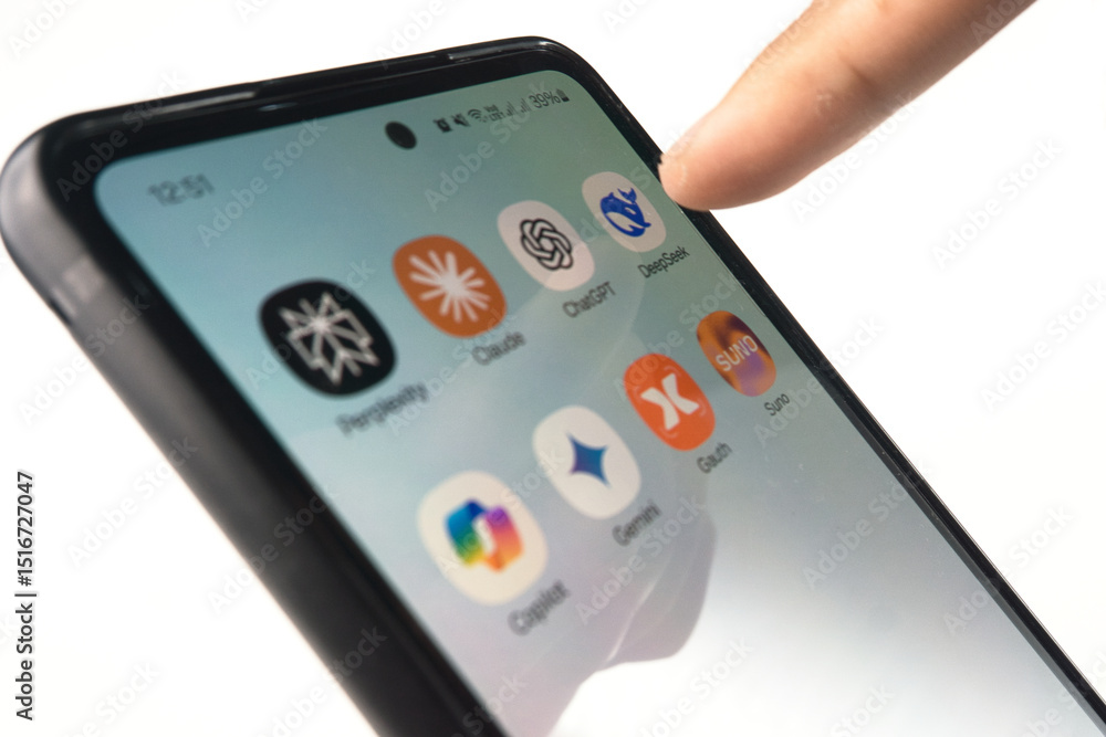Hand Navigating Smartphone Apps Featuring AI-Themed Icons. Such as ...
