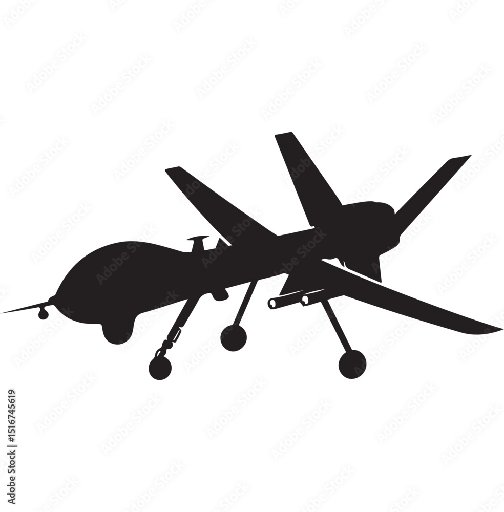 Black silhouette of military drone. Top, front and side view. Army ...