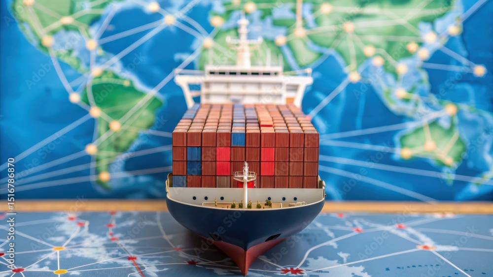 supply chain trends concept. Model cargo ship with containers ...