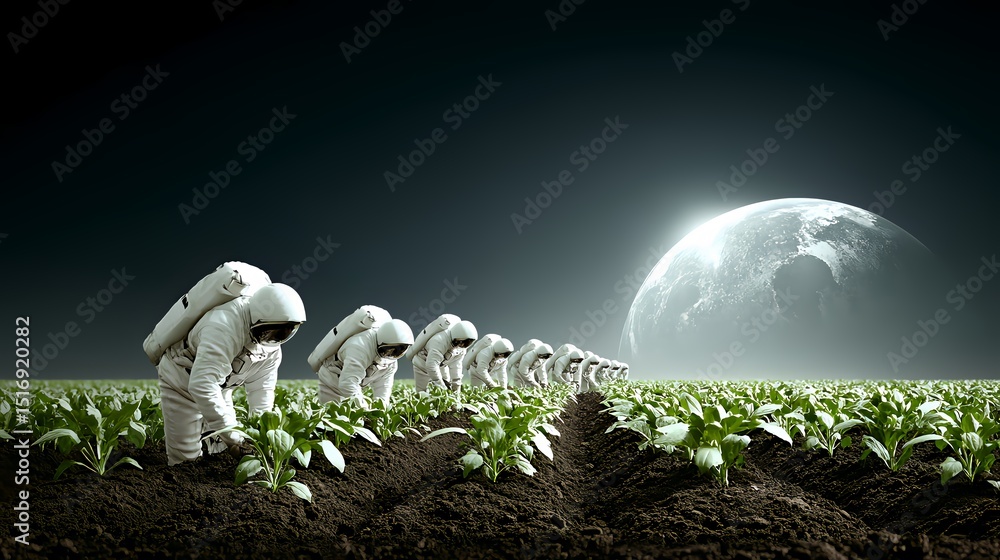 Astronauts working in a field, planting on another planet. A group of ...