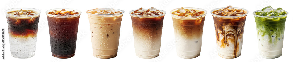 iced coffee types in a plastic cup: iced espresso tonic, americano, oat ...